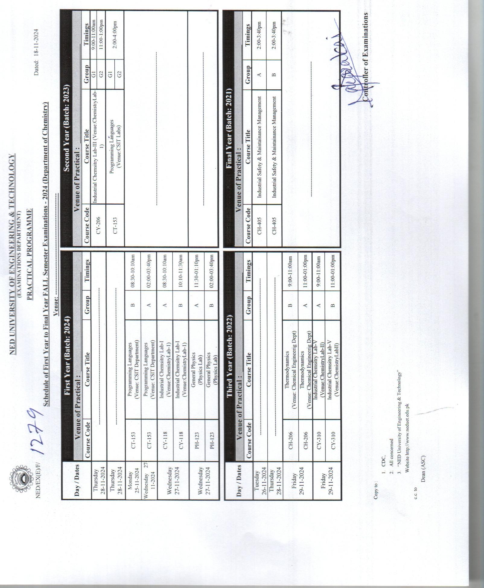 Examinations Schedules | NED University of Engineering & Technology